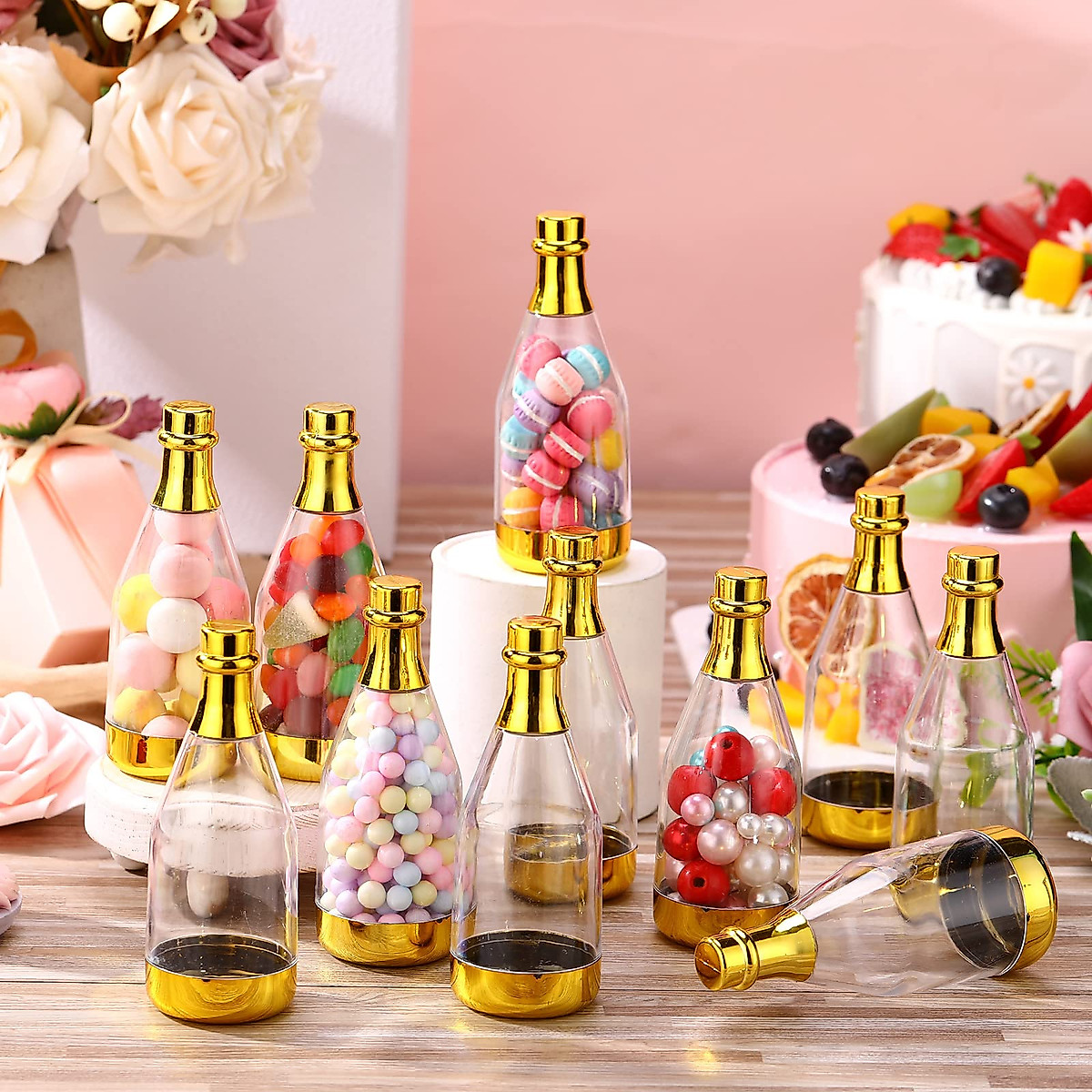Gejoy 150 Pcs Metallic Mini Champagne Bottles Container Bulk Small Candy Bottles DIY Favor Plastic Candy Containers for Wedding Bridal Baby Shower Birthday Party Favors, Clear and Gold
