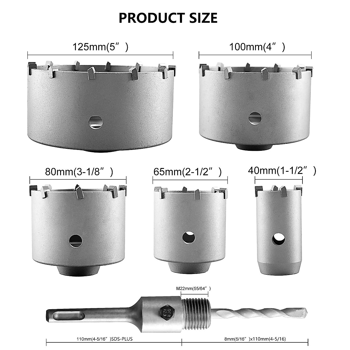 RVIQI 6PCS Concrete Hole Saw Set,Tungsten Steel SDS Plus Shank Masonry Wall Hole Opening Drill Bits for Brick, Concrete, Cement Stone
