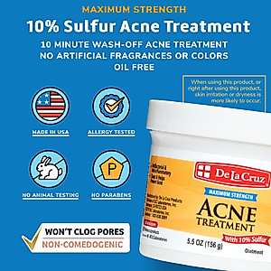 De La Cruz Sulfur Ointment - Cystic Acne Treatment for Face and Body - Daily 10 Min Spot Treatment Mask - Safe and Effective Game Changing Hormonal Acne Treatment That Clears Up Pimples 5.5 OZ.