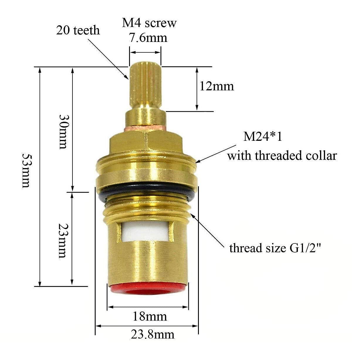 Huashan Replacement Brass Ceramic Disc Stem Cartridge Faucet Valve Quarter Turn 1/2" X 53mm x 12mm spline length 20 teeth(PAIR Hot & Cold)