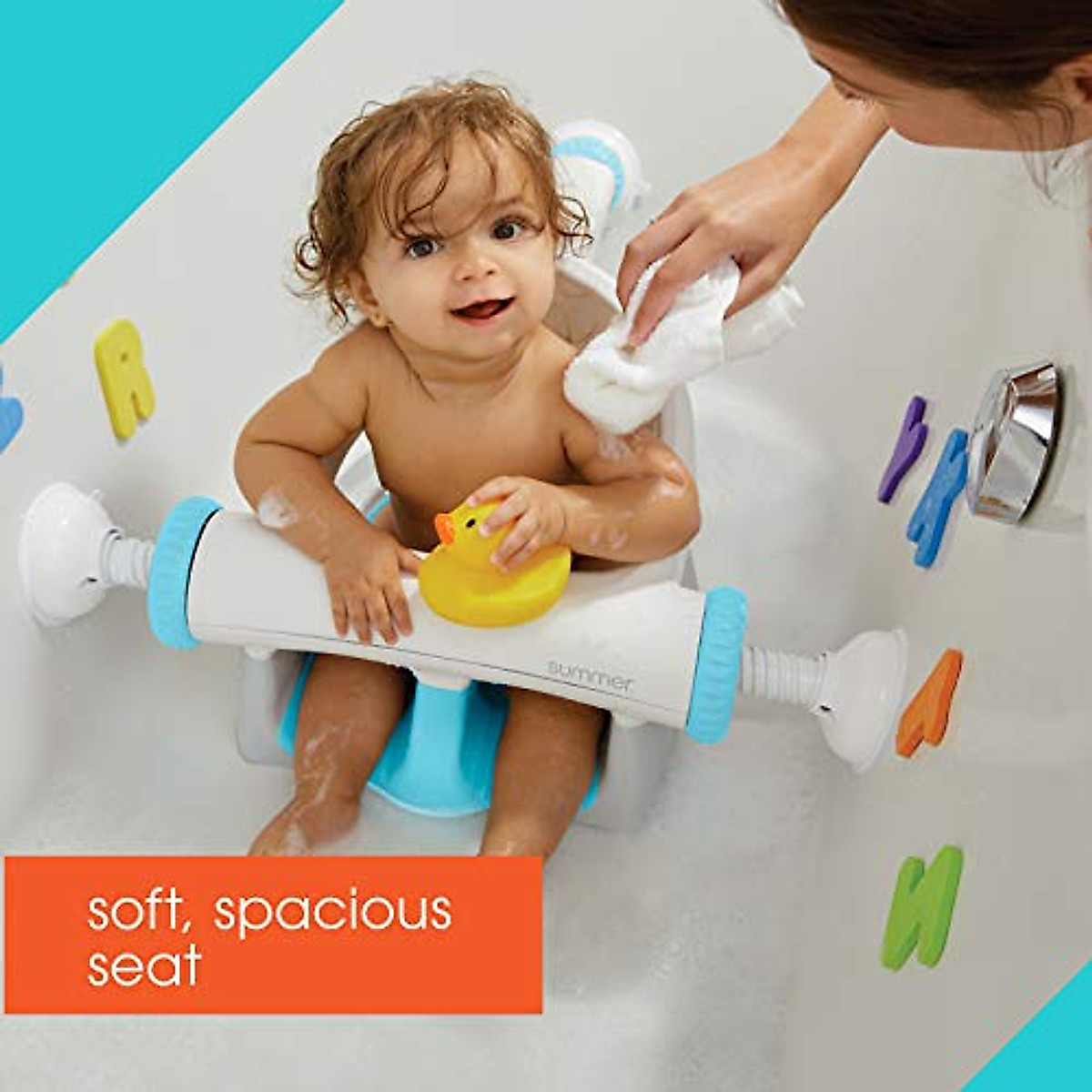 Summer Infant My Bath Seat Soft Support (Aqua ) – Contoured Bath Seat for Children Transitioning to the Adult Bathtub – Features Drain Holes, Sure & Secure Suction Cups, and Spacious Open-Side Design