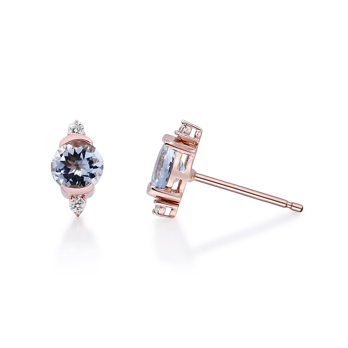 Gin & Grace 10K Rose Gold Genuine Aquamarine Earrings with Diamonds for women | Ethically, authentically & organically sourced (Round-cut) shaped Stud Aquamarine hand-crafted jewelry for her