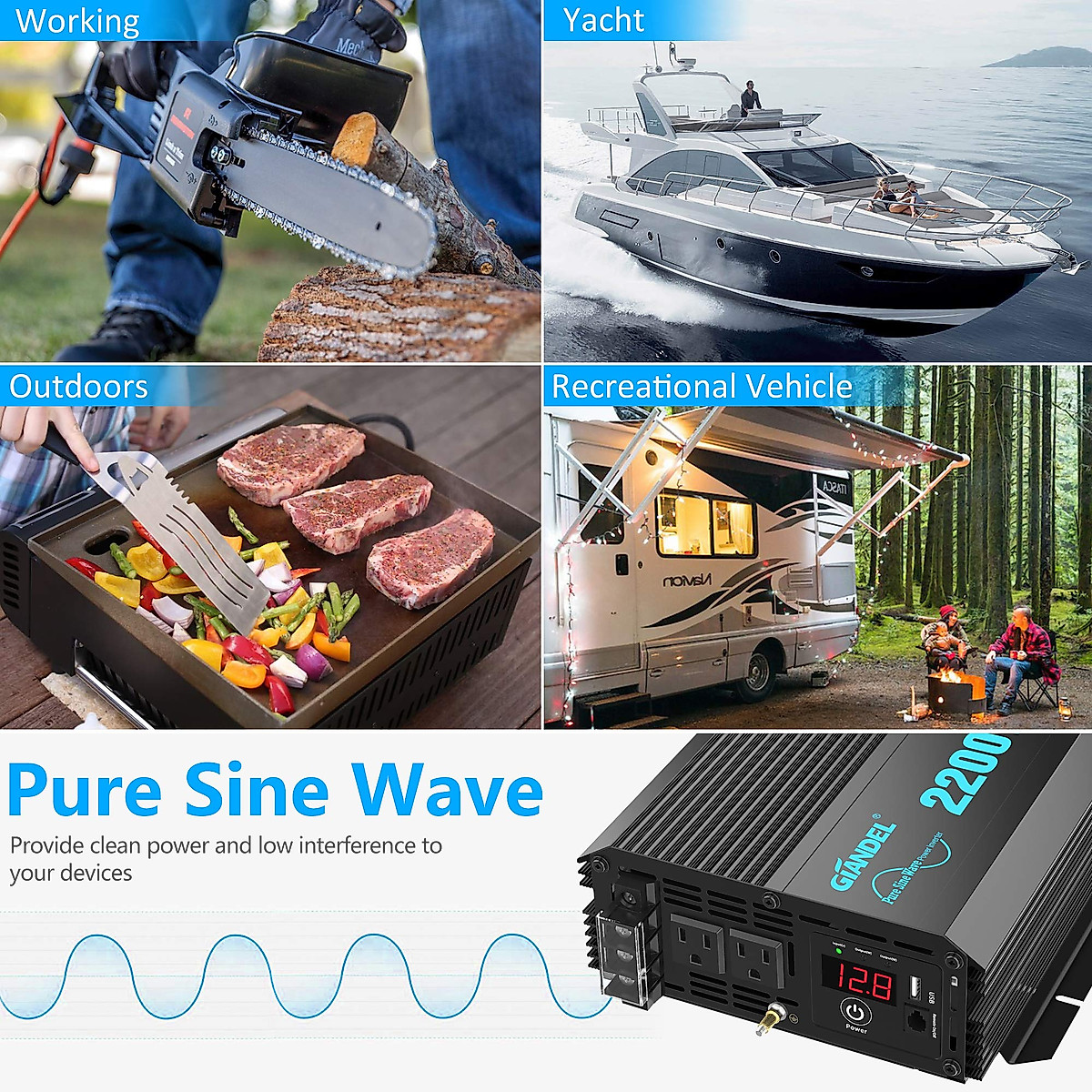 GIANDEL Pure Sine Wave Power Inverter 2200Watt ETL UL458 Listed DC 12V to 120 Vac with Dual AC Outlets and hardwire Blocks & LED Display Remote for RV Truck Boat Solar Emergency【3 YRS Warranty】