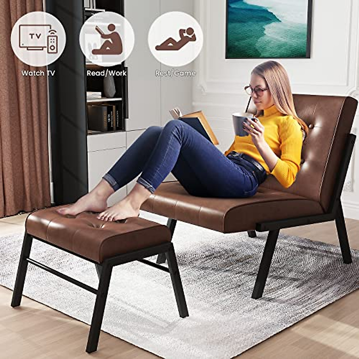 AWQM Accent Chair with Ottoman,Faux Leather Living Room Chair,Upholstered Single Sofa Chair Set with Metal Legs, Button Tufted Lounge Chair with Footrest, Reading Chair for Bedroom Office,Brown