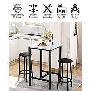 DKLGG 3-Pieces Bar Table and Chairs Set, Kitchen Dining Bar Height Table with 2 Bar Stools, Modern Bistro Pub Table Breakfast Square Bar Table Small Space for Kitchen, Living Room, Party Room, White
