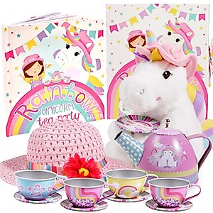 Tickle & Main Rainbow Unicorn Tea Party Gift Set, Tea Set for Little Girls with Unicorn Plushie