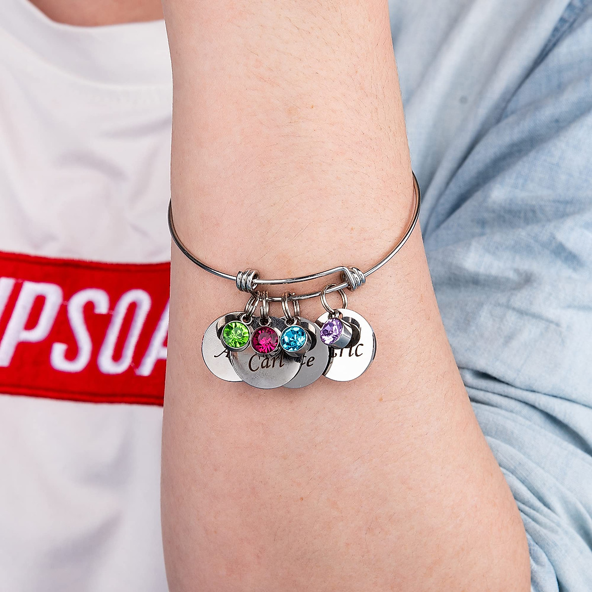 Fanery Sue Personalized Custom Name Expandable Wire Bangle Charm Bracelet with Birthstone for Mother