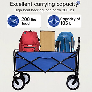 Collapsible Folding Wagon Garden Cart Beach Wagon Grocery Wagon All-Terrain Wheels Garden Grocery Wagon for Shopping Park Picnic, Beach Trip, Outdoor Activities, Camping (Blue)