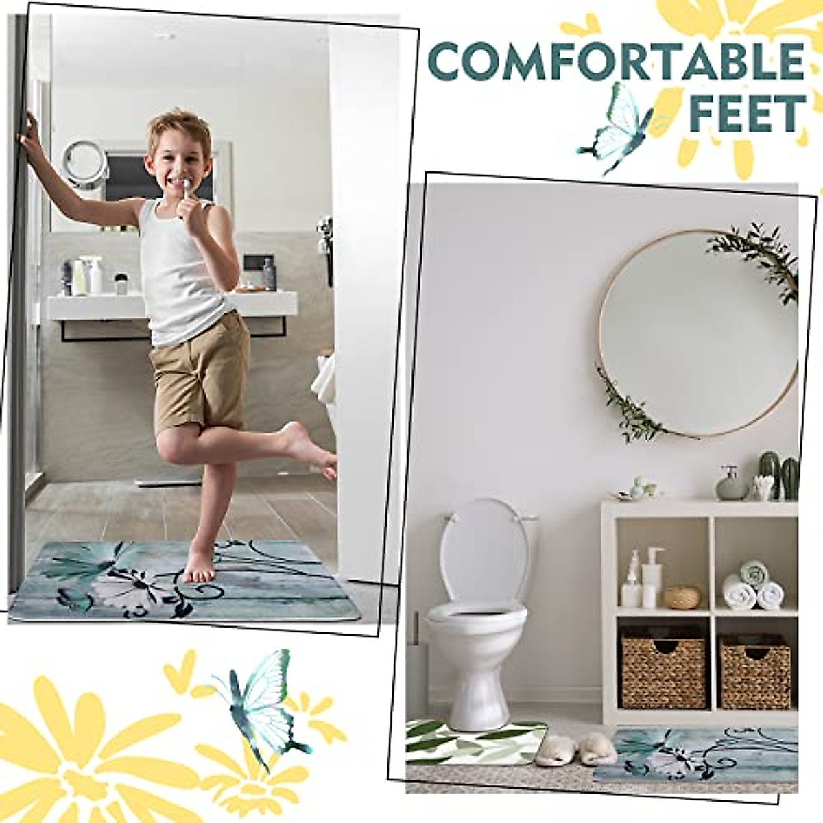 Moukeren 4 Pcs Teal Blue Daisy Butterfly Shower Curtain Set with Non Slip Rugs Toilet Lid Cover and Bath Mat Rustic Farmhouse Shower Curtain Turquoise Shower Curtain with Hooks Sets