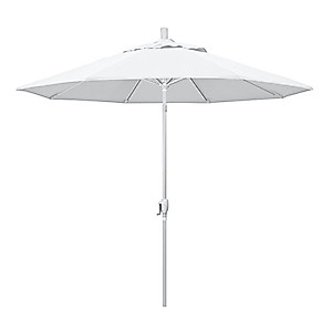 California Umbrella 9' Round Aluminum Market Umbrella, Crank Lift, Push Button Tilt, White Pole, White Olefin
