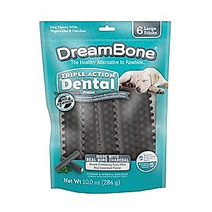 Dreambone Triple Action Dental Sticks Charcoal, 6 Count, Rawhide-Free Chews for Large and XL Sized Dogs Freshens Breath