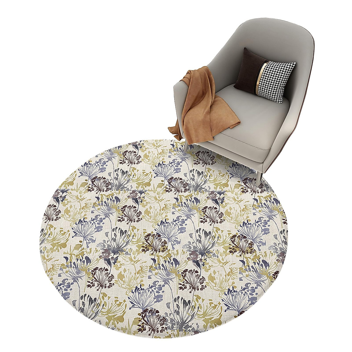 Country Rustic Flower Fluffy Round Area Rug Carpets 5ft, Plush Shaggy Carpet Soft Circular Rugs, Non-Slip Fuzzy Accent Floor Mat for Living Room Bedroom Nursery Home Decor Botanical Plant Farm Herb