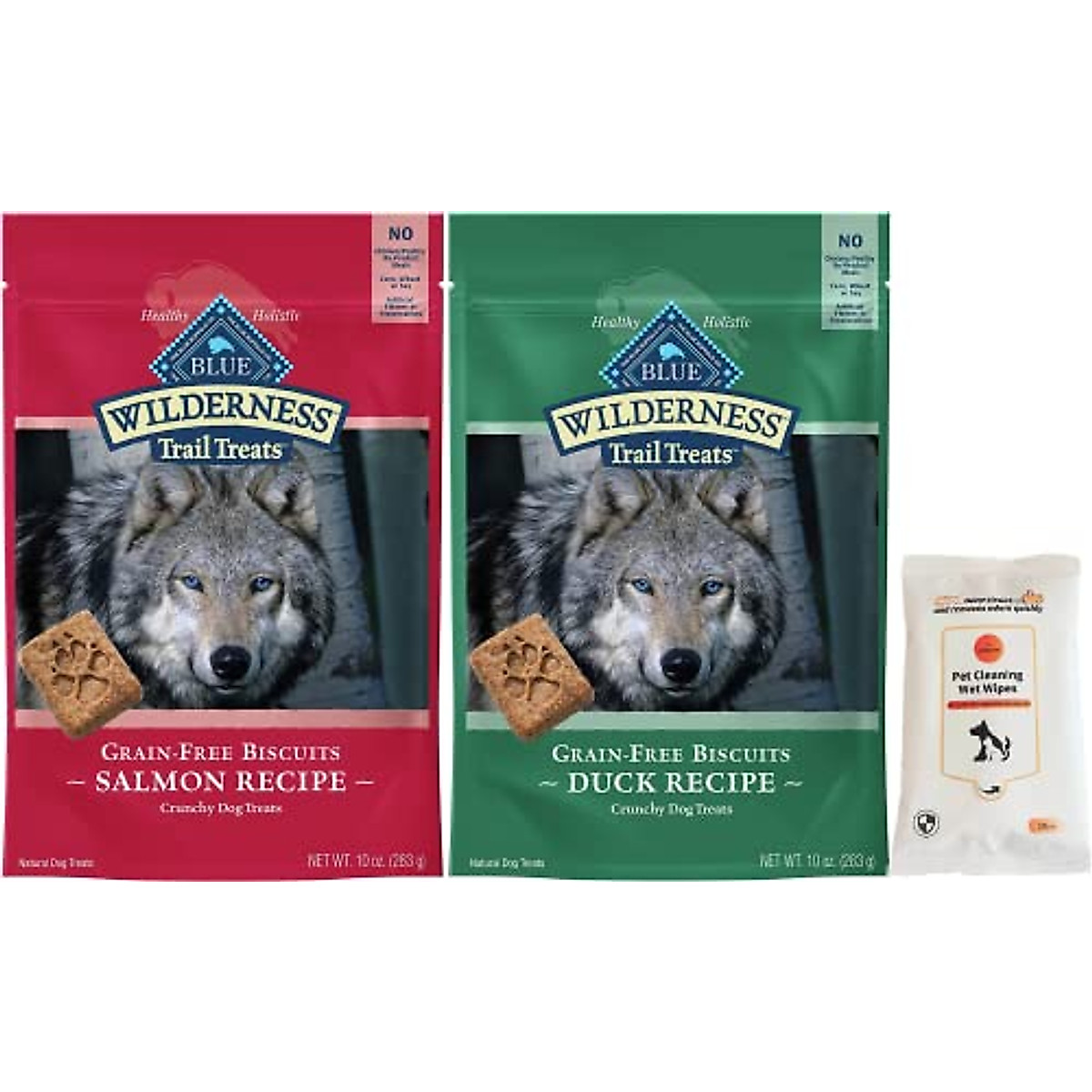 Aurora Pet Variety Pack (2) Blue Wilderness Trail Treats Grain-Free Dog Biscuits (Duck Recipe and Salmon Recipe) 10-oz Each with AuroraPet Wipes