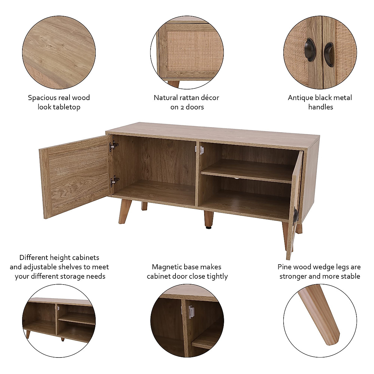 Sophia & William TV Stand for TV's Up to 50 inches, Media Entertainment Center Farmhouse TV Console Table with Storage Cabinet and 2 Natural Rattan Doors for Living Room and Bedroom