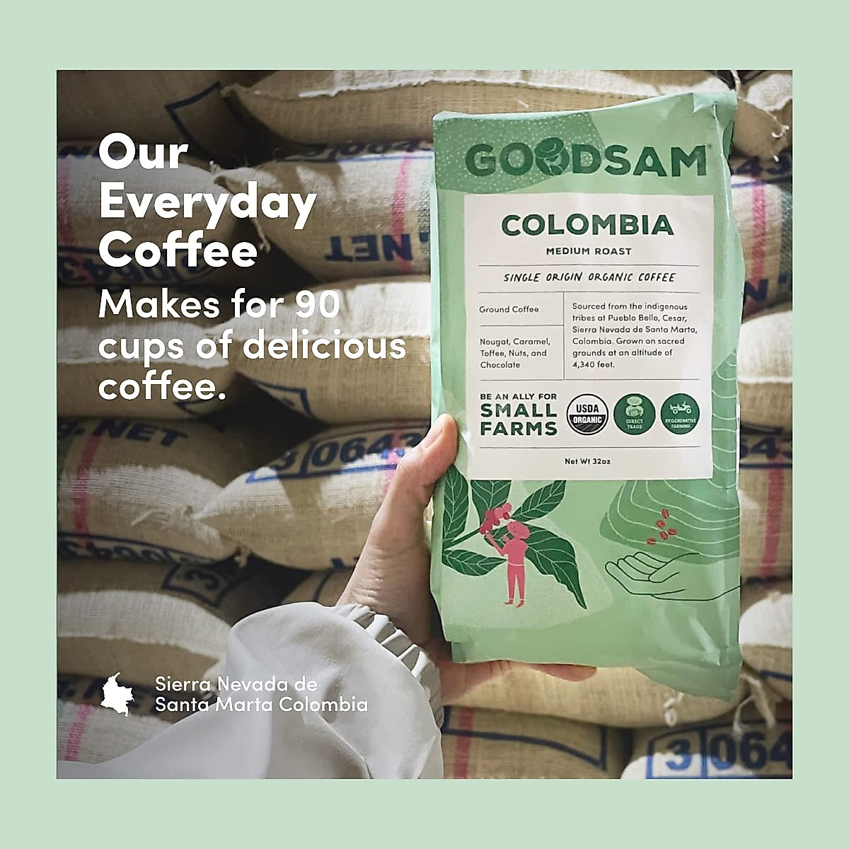 GoodSAM Organic Ground Coffee, Medium Roast 2 lb, Colombian Single Origin, Non GMO Arabica Beans, Vegan, Keto, Regenerative Farming, Direct Trade