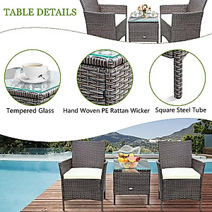 JUMMICO 3 Pieces Patio Furniture Sets Outdoor Patio Chairs set of 2 PE Rattan Wicker Chairs with Table for Garden Porch Lawn Poolside(Brown/Beige)