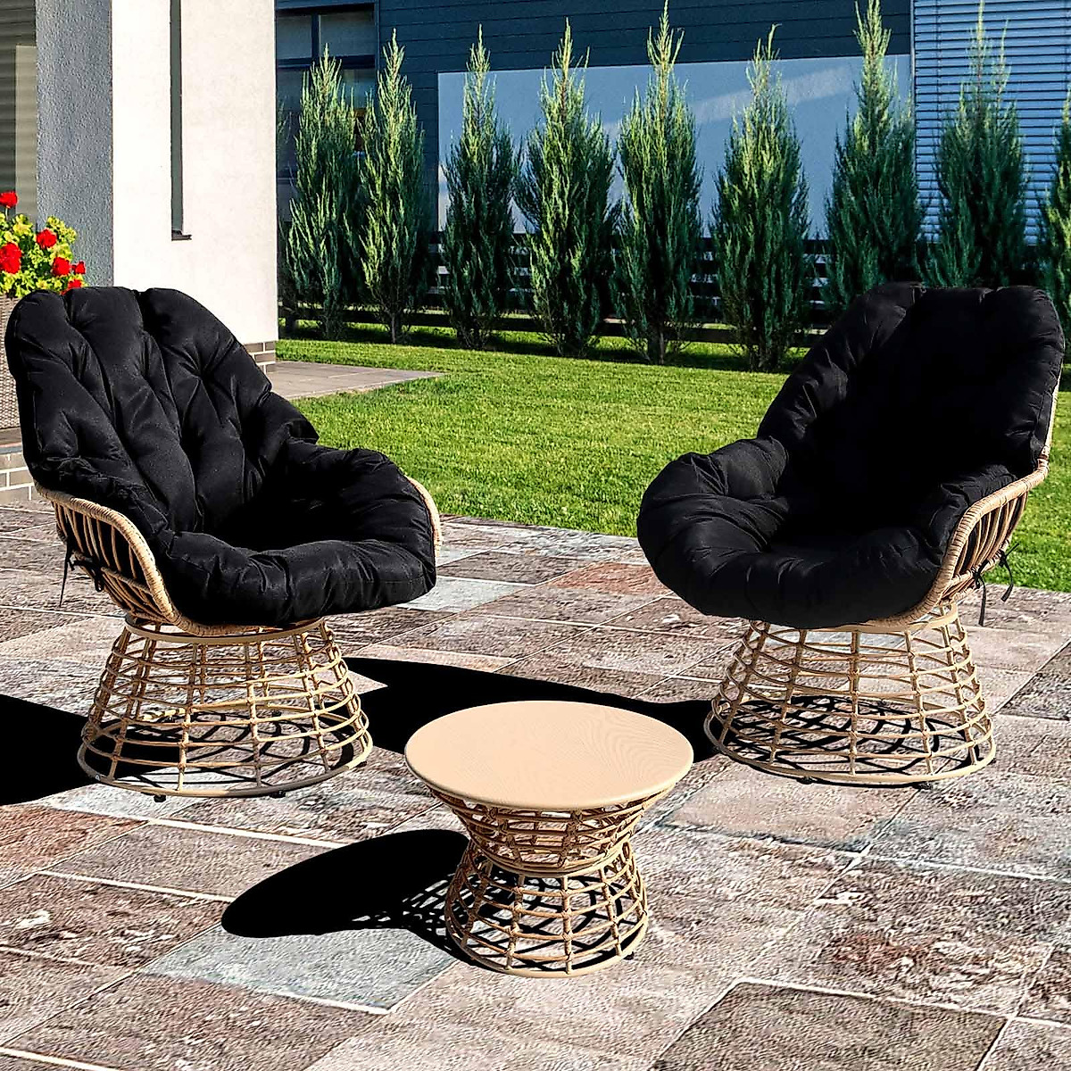 VIXLON 3 Pieces Patio Chair Outdoor Swivel Rocker Patio Chairs Set 360 Degree Swivel Rocking Chairs Elegant Patio Bistro Set for Lawn Garden Backyard (Black Cushion)