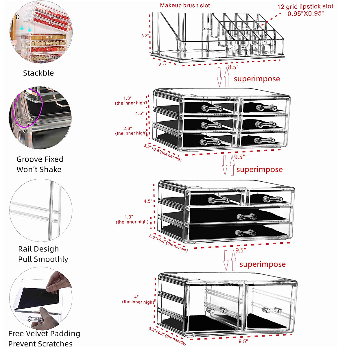 Cq acrylic 4 Pack Clear Makeup Organizer Countertop,Stackable 12 Drawers Skincare Organizer,Cute Skin Care Organizer for Vanity Hair Clip,Jewelry,Beauty Product Desk and Make Up Organizers for Vanity