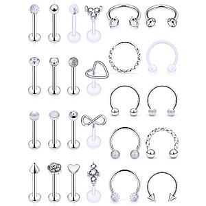 Vsnnsns 16G Lip Rings Stainless Steel Opal Horseshoe Labret Monroe Lip Rings Nail Cartilage Tragus Helix Earrings Studs Septum Ring Medusa Piercing Jewelry Retainer For Women Men Silver 8mm 26PCS