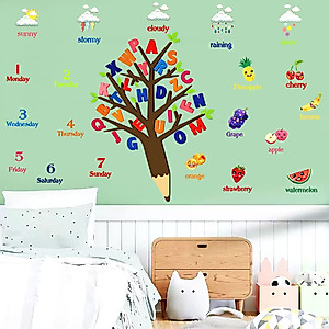 Tree Alphabet Number Color Weather Learning Educational Wall Decals ABC Kids Wall Sticker Peel and Stick Removable Wall Stickers Educational Classroom Stickers for Kids Boy Girl Classroom Playroom