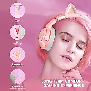 SIMGAL Pink Gaming Headset with Removable Cat Ears, Compatible with PC PS4 PS5 Xbox One(Adapter Not Included) Mobile Phones, with Surround Sound, RGB Backlight & Noise Canceling Retractable Microphone