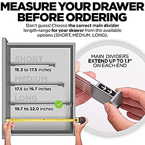 Practical Comfort Drawer Dividers, 9 pcs adjustable drawer dividers set, Made from high strength aluminum, 3 Main expandable drawer divider expand From 17.5" to 19.7" + 6 Sliding Separators 3.8"