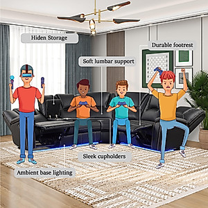 Yoglad Sectional Sofa with Recliner Manual Reclining Sectional Sofa with LED Lights Faux Leather Couch with Center Console/Cup Holders for Living Room, Home Theater, Black 102.4" Dx 97.6" W