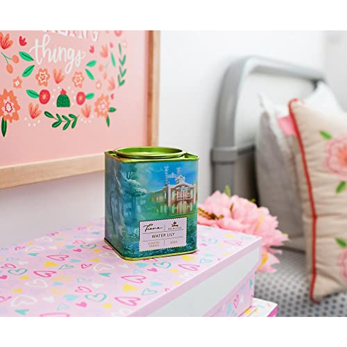 Ukonic Disney Princess Home Collection Tiana 11-Ounce Scented Tea Tin Candle with Water Lily Aromatic Fragrance | 28-Hour Burn Time | Home Decor Housewarming Essentials, and Collectibles