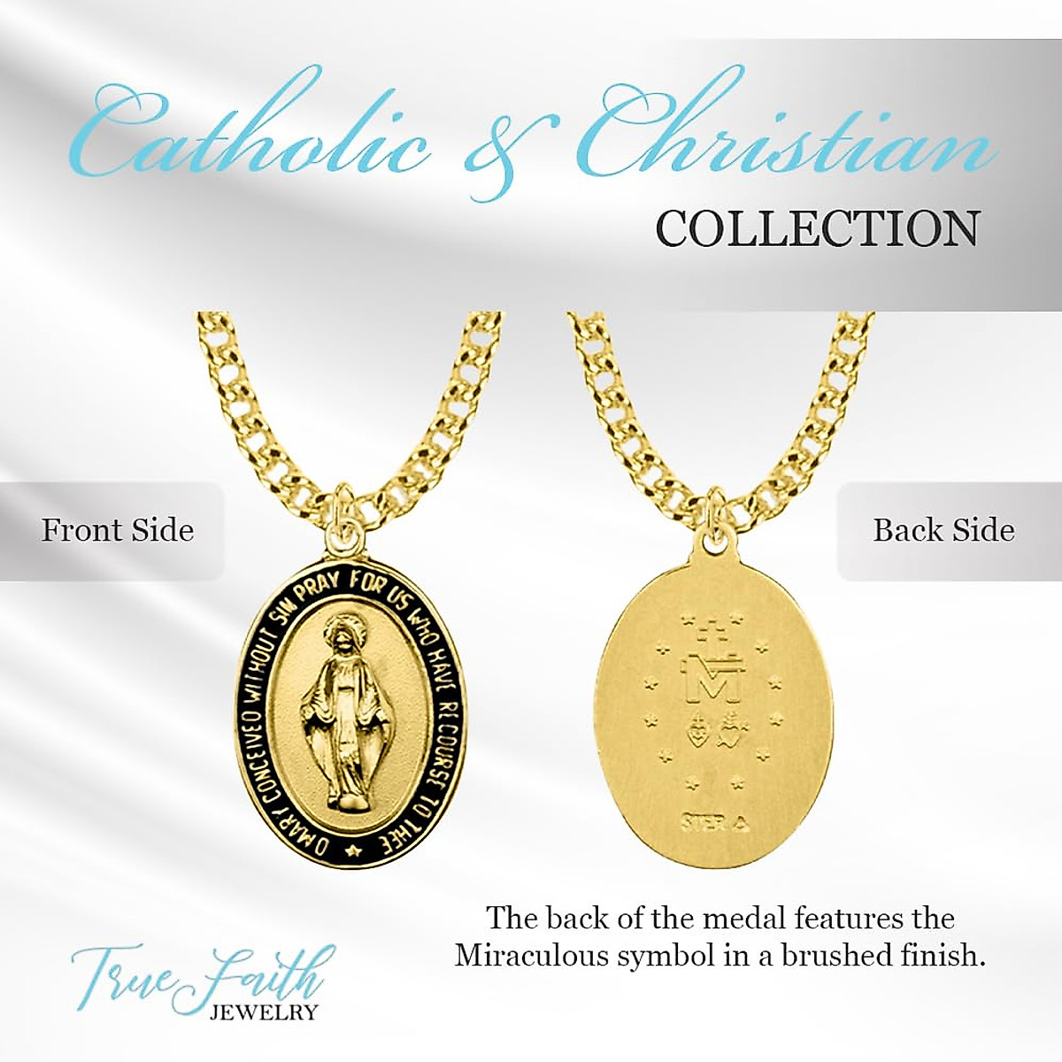 TrueFaithJewelry 18KT Gold-Plated Sterling Silver Our Lady Of Grace Miraculous Medal Pendant Necklace with Black Enamel Border Religious Jewelry, 7/8 Inch