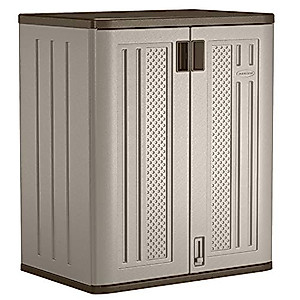 Suncast Base Resin Construction Storage-36 Garage Organizer with Shelving Holds up to 75 lbs. -Platinum Doors & Slate Top Storage Cabinet, Silver