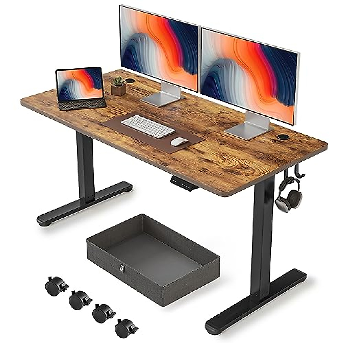 FEZIBO 55 x 24 Inches Standing Desk with Drawer, Adjustable Height Electric Stand up Desk, Sit Stand Home Office Desk, Ergonomic Workstation Black Steel Frame/Rustic Brown Tabletop