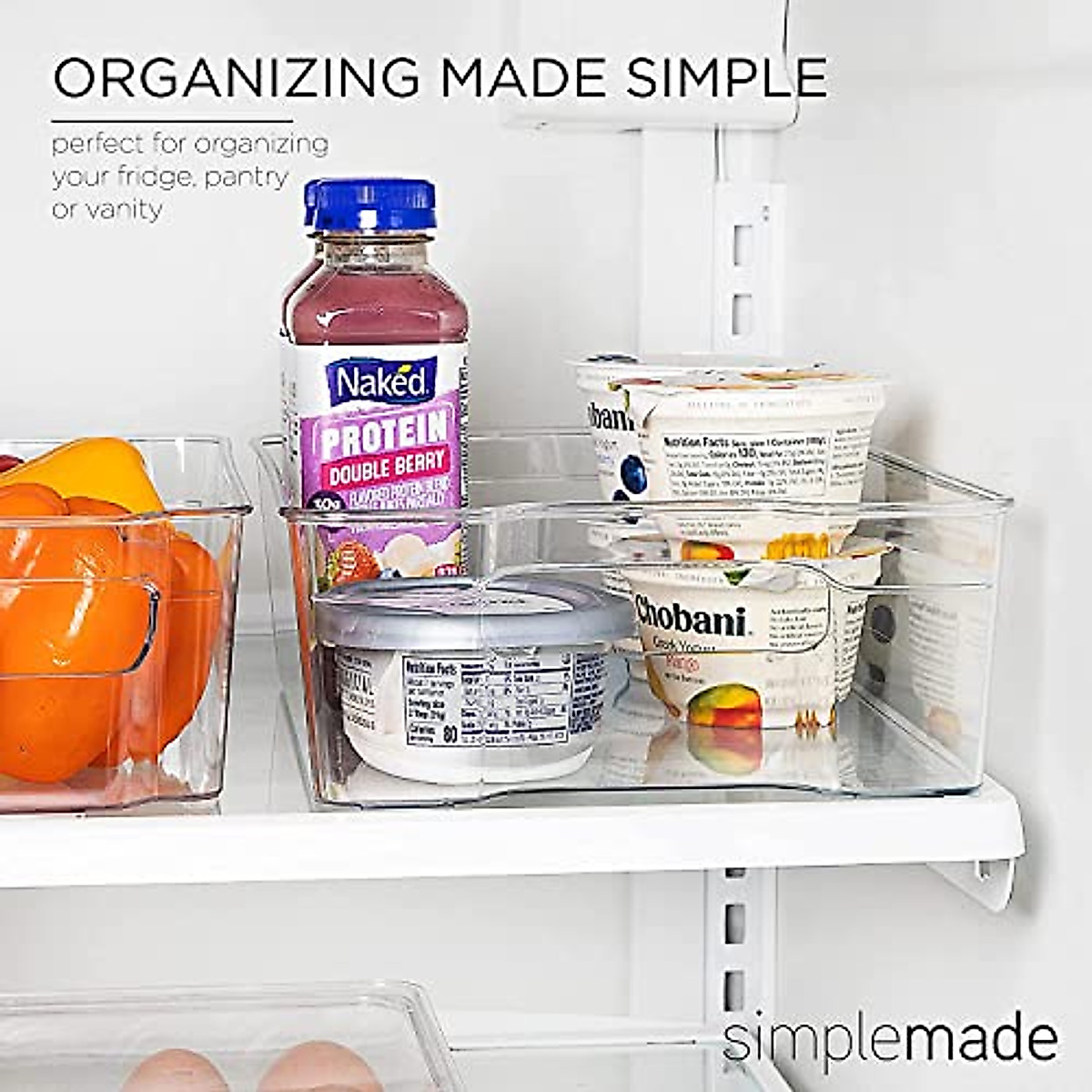 SIMPLEMADE Clear Refrigerator Organizers, 2 Pack Large Sized 8" x 12" Clear Bins for Fridge, Containers for Fridge and Freezer, Multipurpose Storage for Kitchen, Office, Bathroom