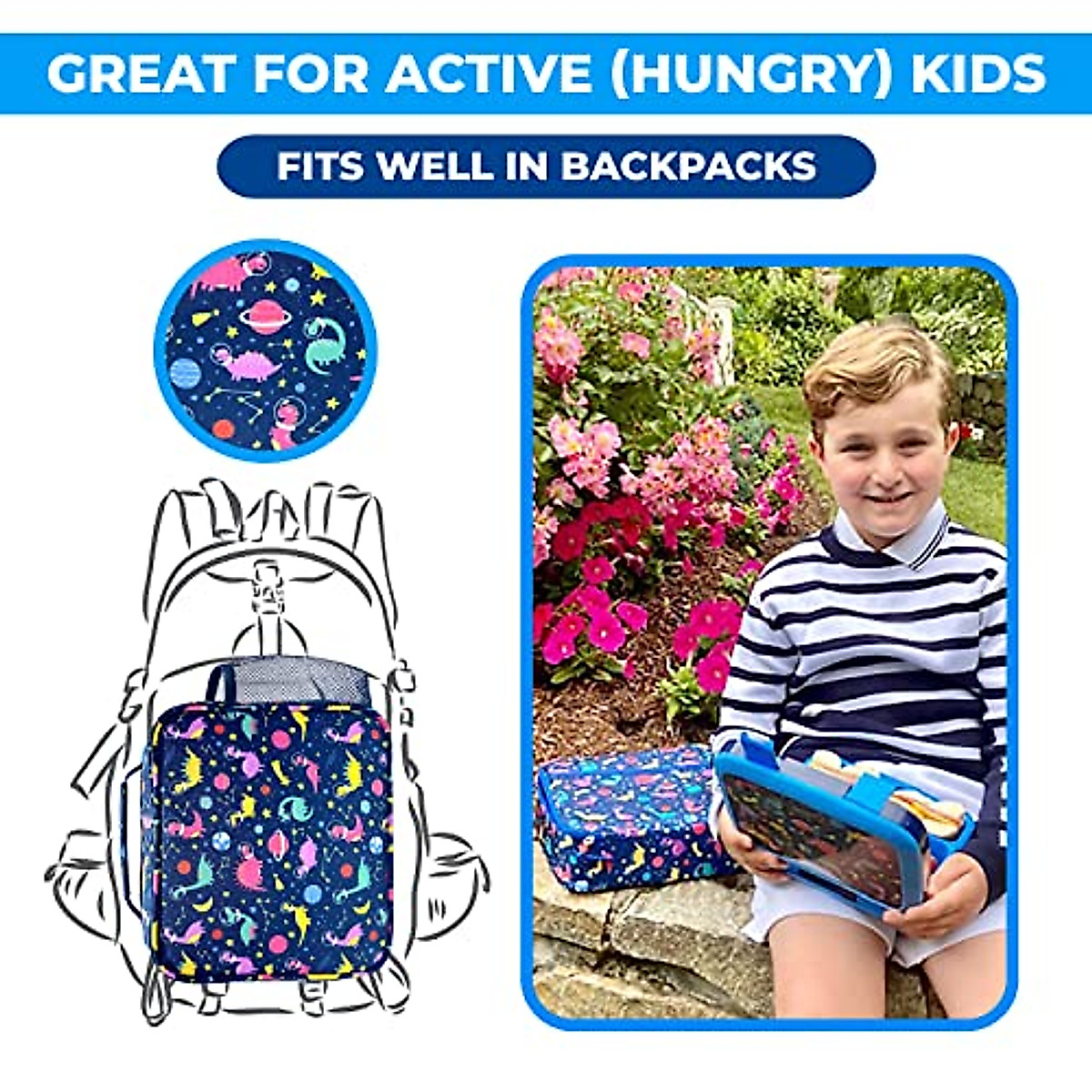 Lunch Box for Kids with Ice Pack, Boys Lunch-Box Insulated Bag for Toddlers Kids Baby Boy Daycare Pre-School Kindergarten, Large Snack Container Boxes for Kid Lunches, Bento Bag, Blue Space Dinosaur