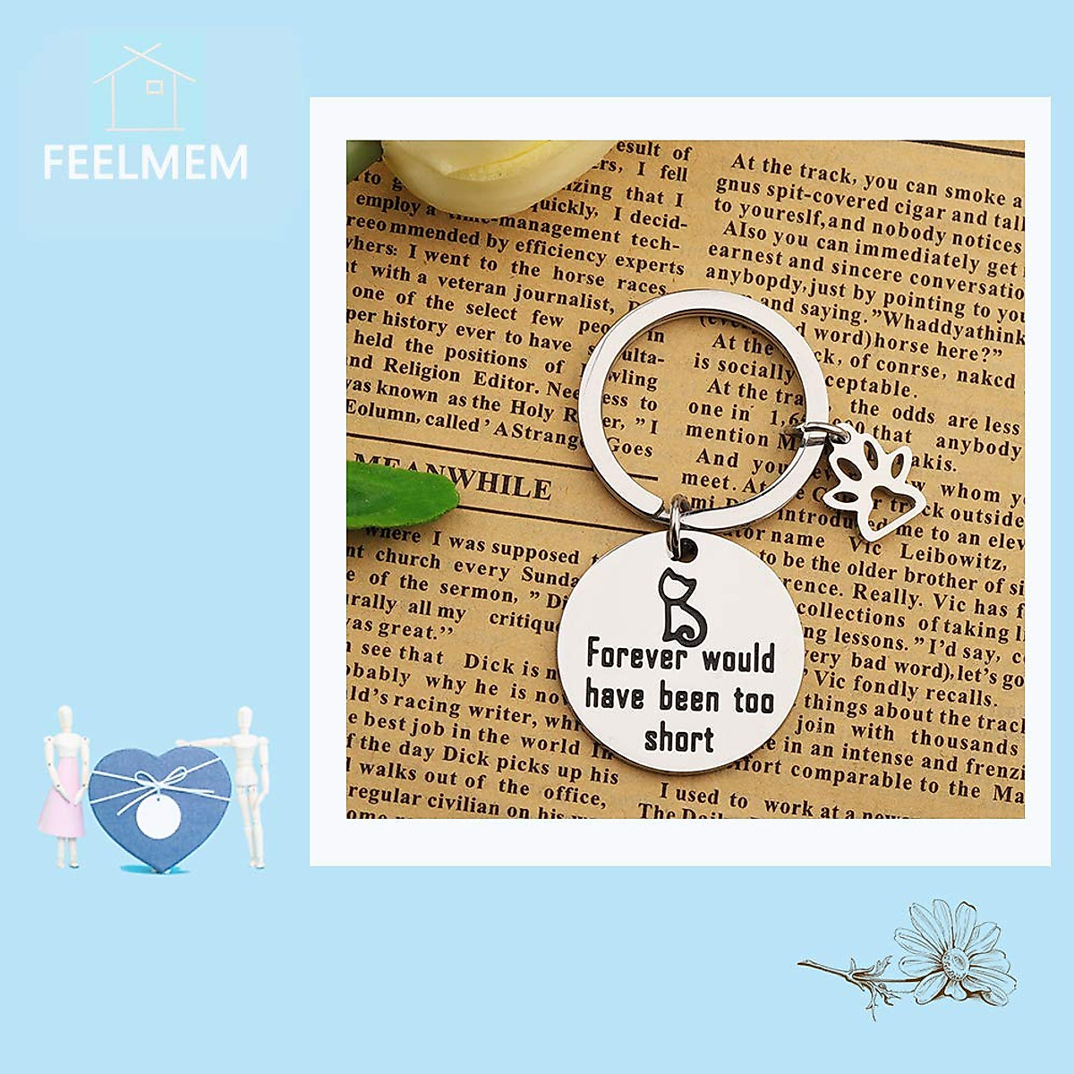 FEELMEM Cat Memorial Keychain Forever Would Have Been Too Short Paw Print Keychain Loss of Pet In Loving Memory of Cat Jewelry Gift for Cat Lover (Silver)