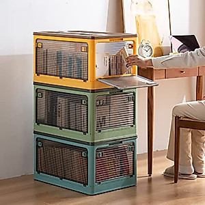 ANMINY Lidded Plastic Storage Bin 5-Door Collapsible Stackable Portable Crate Clear Storage Box Container Basket with Wheels Handles Lid for Cloth Toy Grocery Travel Car Truck Use - Green, Extra Large