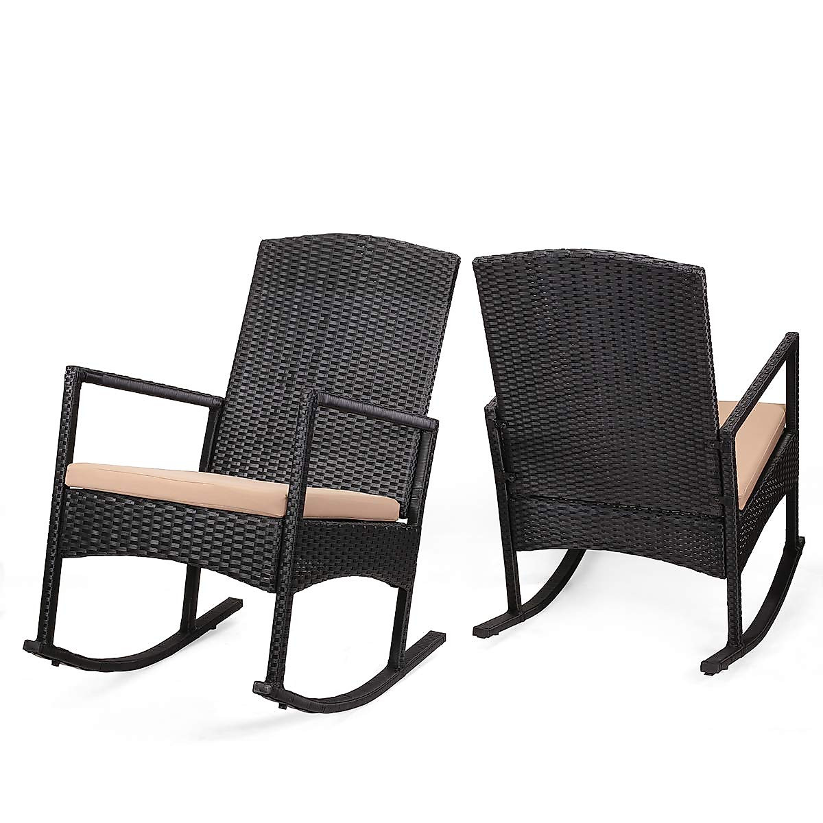 Barton 3 Pieces High Back Rocking Chair Set w/Glass Table Black Outdoor Patio Furniture Wicker Rattan Modern Conversation Chat Seating