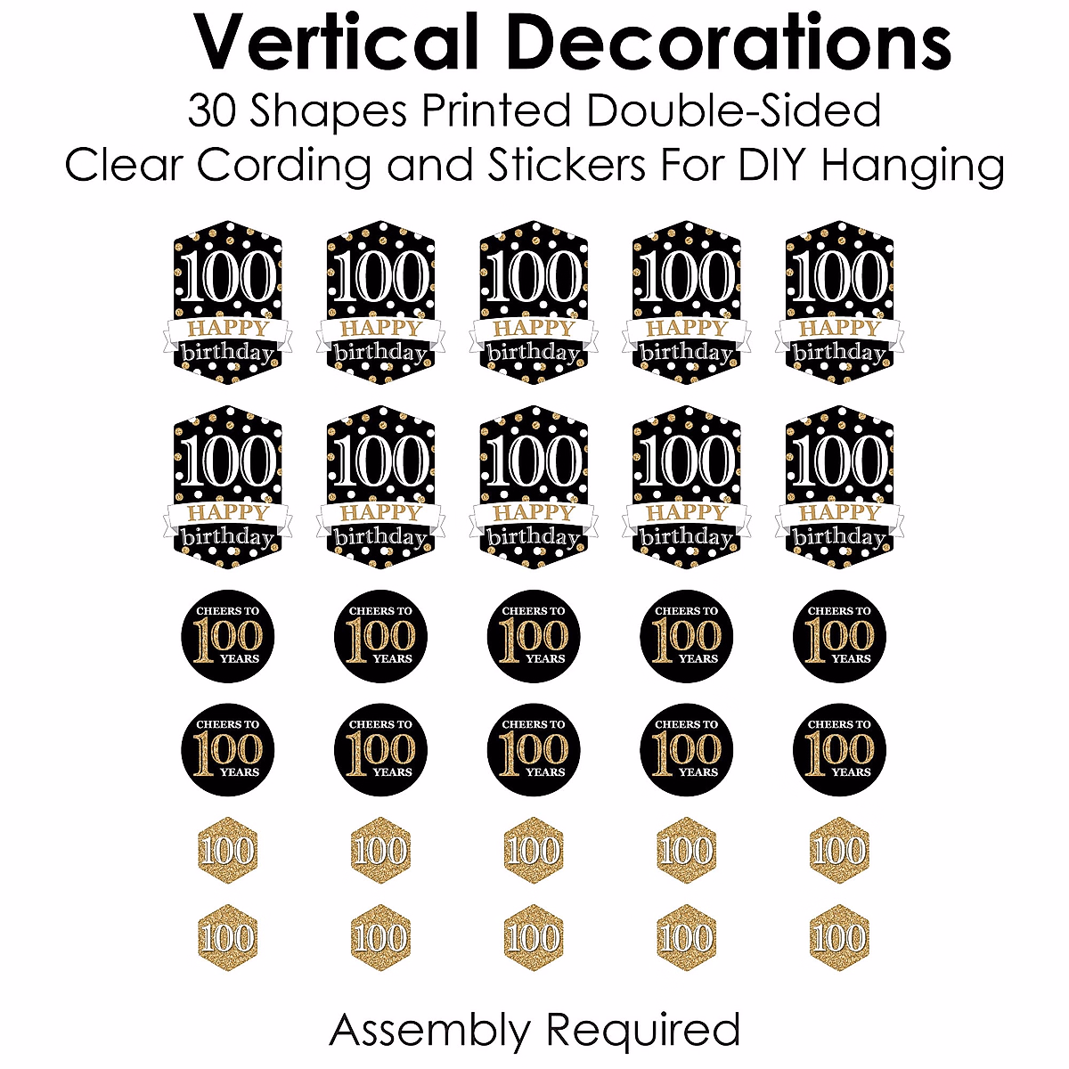 Big Dot of Happiness Adult 100th Birthday - Gold - Birthday Party DIY Dangler Backdrop - Hanging Vertical Decorations - 30 Pieces