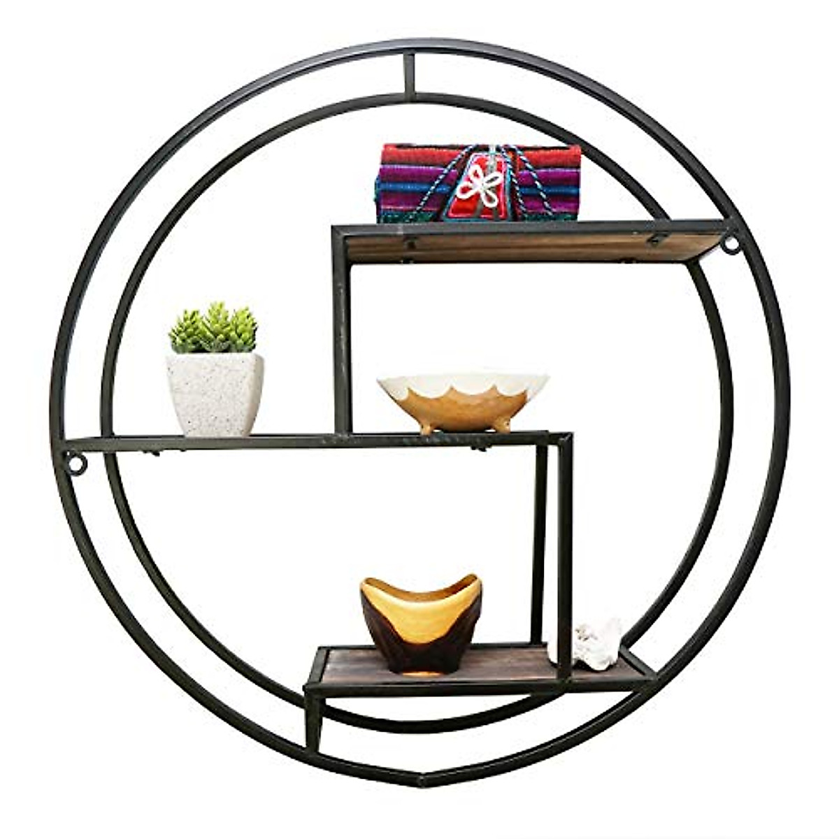 Admired By Nature Mounted Iron Hanging Storage 3 tier Floating Shelves Wall Shelf, Round Black Large