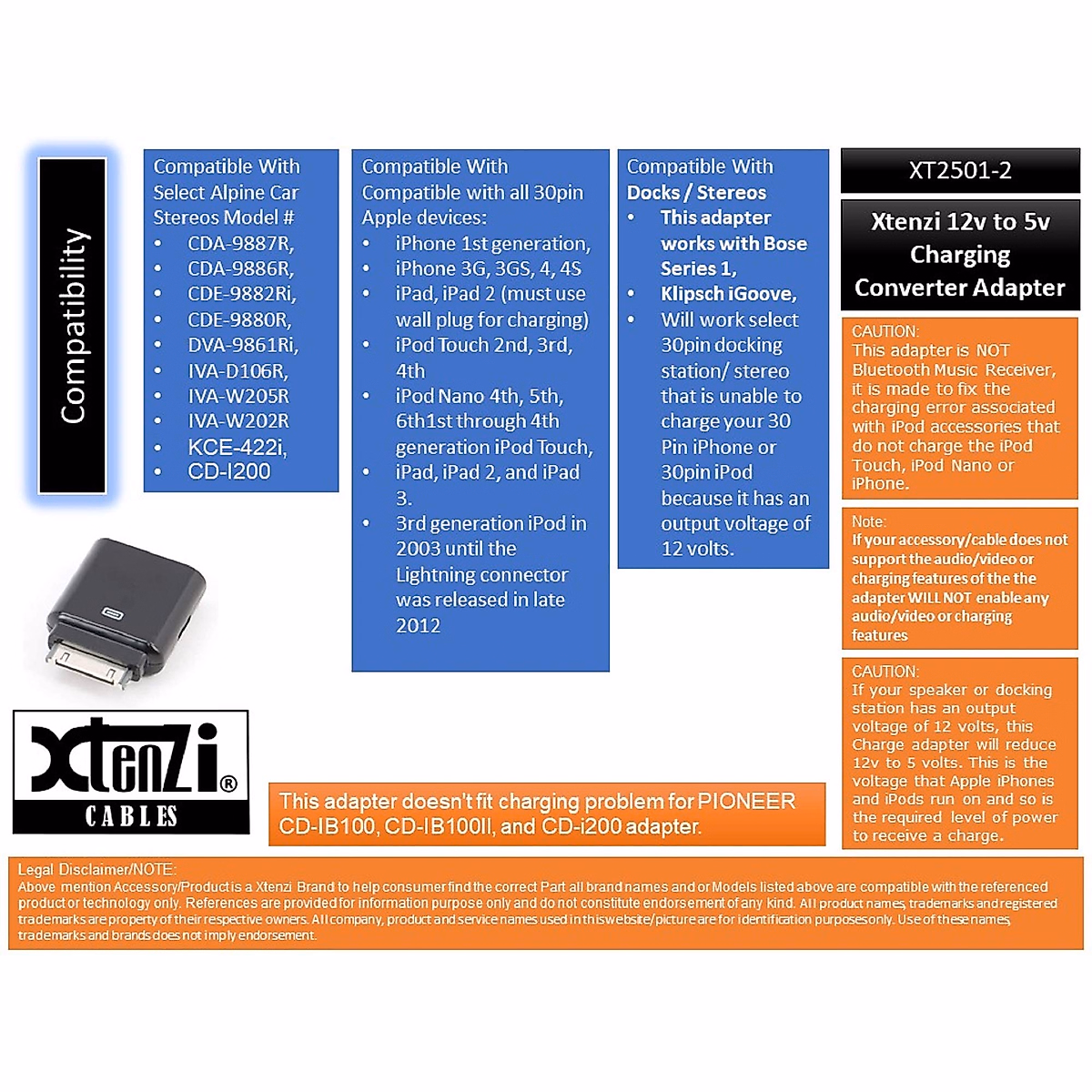 Xtenzi Charging Converter 30 Pin Pass Through Adapter XT12V5 Compatible with iPod iPhone iPad Car Vehicle
