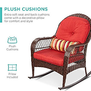 Best Choice Products Outdoor Wicker Patio Rocking Chair for Porch, Deck, Poolside w/Steel Frame, Weather-Resistant Cushions - Red