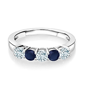 Gem Stone King 925 Sterling Silver Sky Blue Aquamarine & Blue Sapphire Wedding Band Ring For Women (1.01 Cttw, Round 3.5MM, Gemstone Birthstone, Available In Size 5-9)