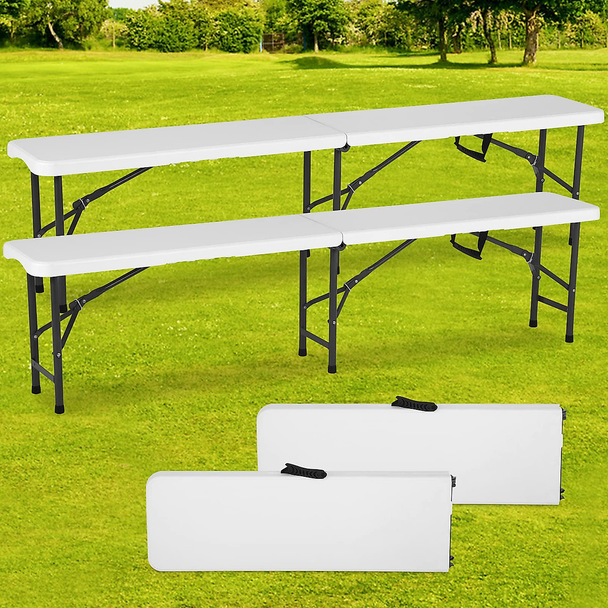 Plastic Folding Benches 6 Foot 2 Pack, Portable Outdoor Bench With Handle & Lock for Picnic Camping Dining Soccer Entertaining Activities, 660LBS, No Assembly
