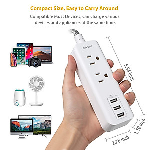 Power Strip with 3 USB Charging Ports(15W/3.1A) and 2 Outlets, Desktop Charging Station with 5 Foot Braided Extension Cord, Right Angle Flat Plug, Small for Travel Hotel, Cruise Ship, Home and Office