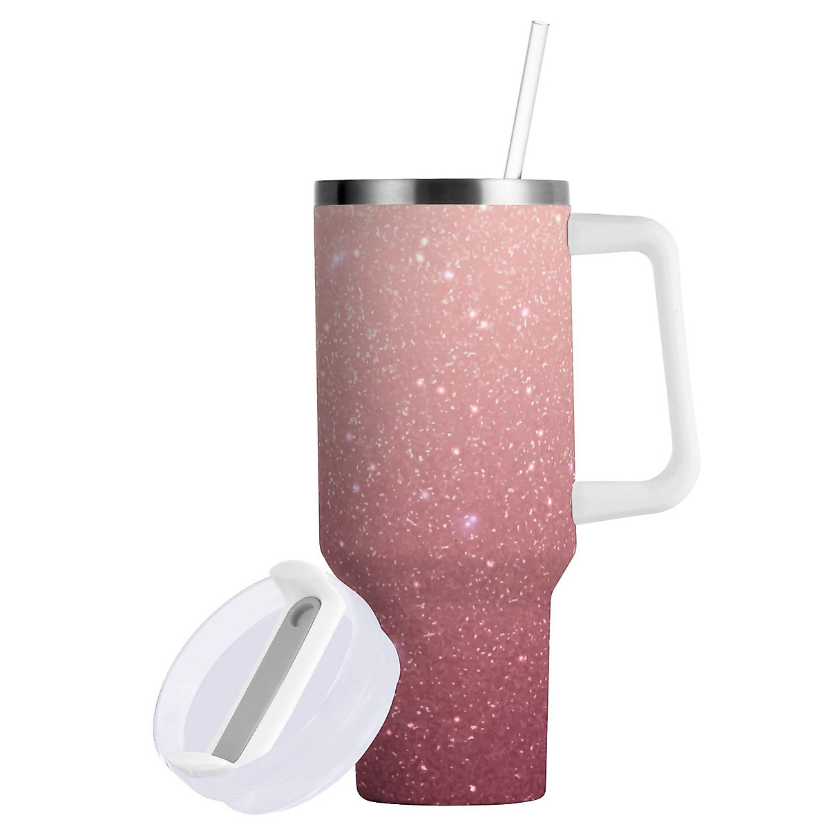 Rose Gold Glitter Sparkle 40 oz Tumbler with Handle and Straw Lid, Sequins Insulated Coffee Cup Reusable Stainless Steel Water Bottle Travel Mug Cupholder Friendly,Gifts for Women Men