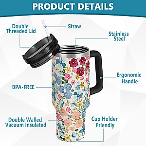 Yasala Car Tumbler with Handle Watercolor Cute Garden Flower Travel Mug Coffee Cup Insulated Beverage Container Mega Cup for Hot Cold Drinking Thermos Water Bottle Cupholder Friendly 40 oz