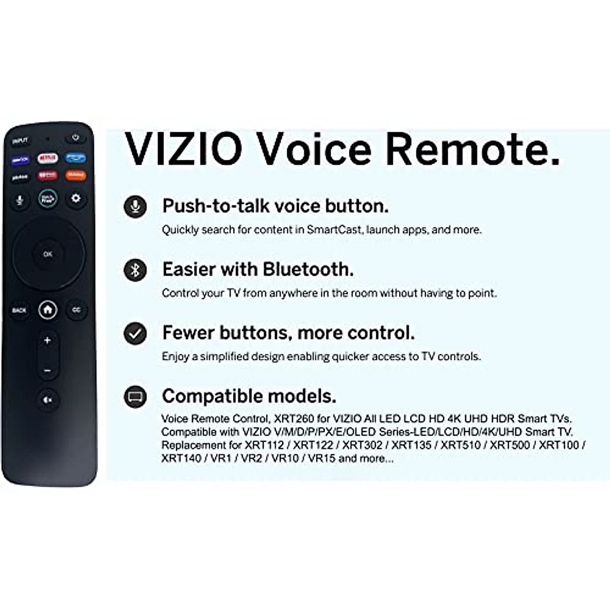 Voice Remote for Vizio Smart TV, XRT260 Remote Replacement for All Vizio LED LCD HD 4K UHD HDR Smart TVs with Shortcut Keys HBO Max, Netflix, Prime Video, Pluto, iHeart Radio, Crackle, Watchfree