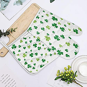 St. Patrick's Day Set of Oven Mitt and Pot Holder Shamrock Leaf Kitchen Mittens Non-Slip Heat Resistant Green Clover Cooking Gloves for Kitchen Cooking BBQ Baking Grilling 12+8