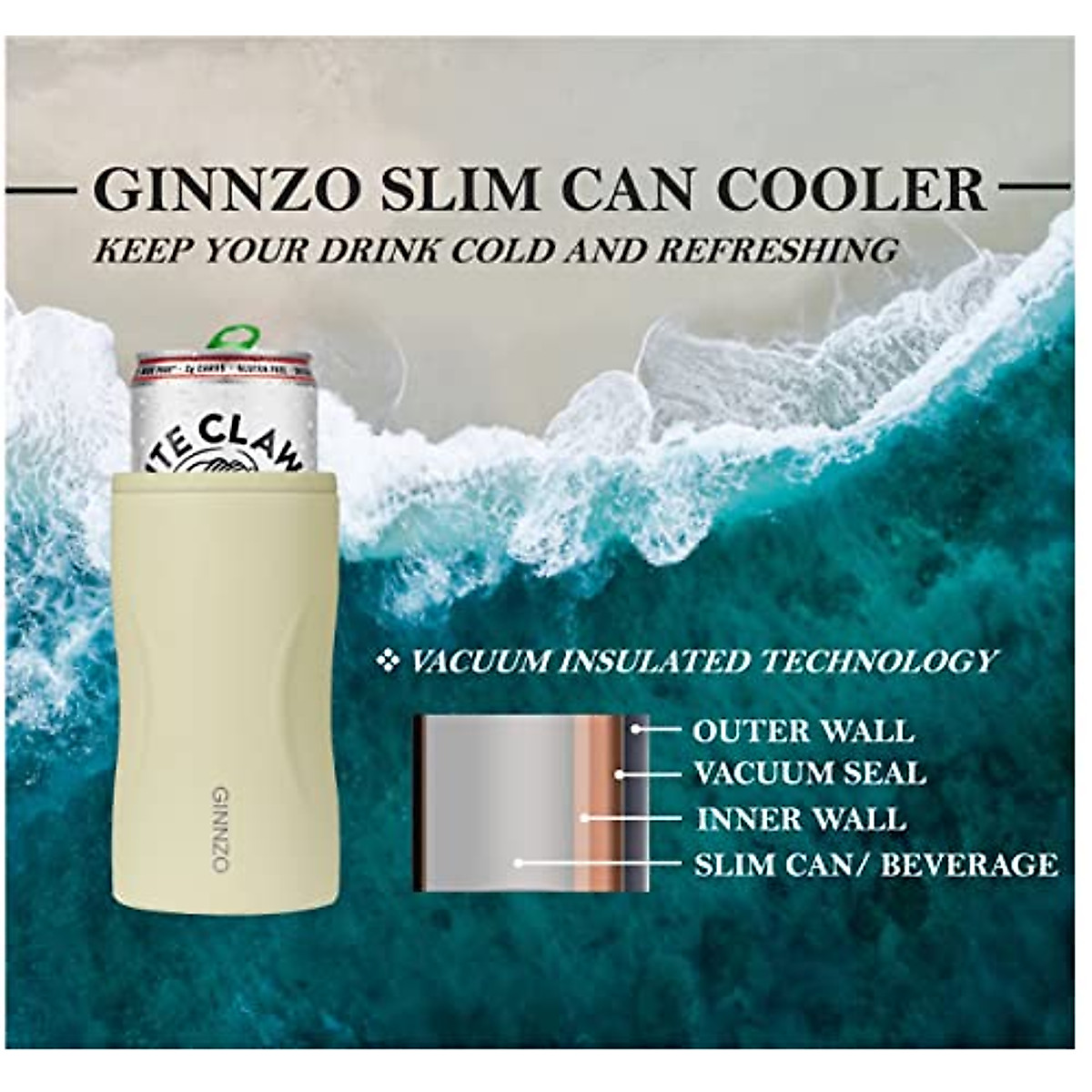 Ginnzo Slim Can Cooler - Double Walled Stainless Steel CanKoozie | 12 Oz Insulated Drink Holder for Tall Skinny Hard Seltzer/Beer/Soda/Energy Drinks (Sunlight)