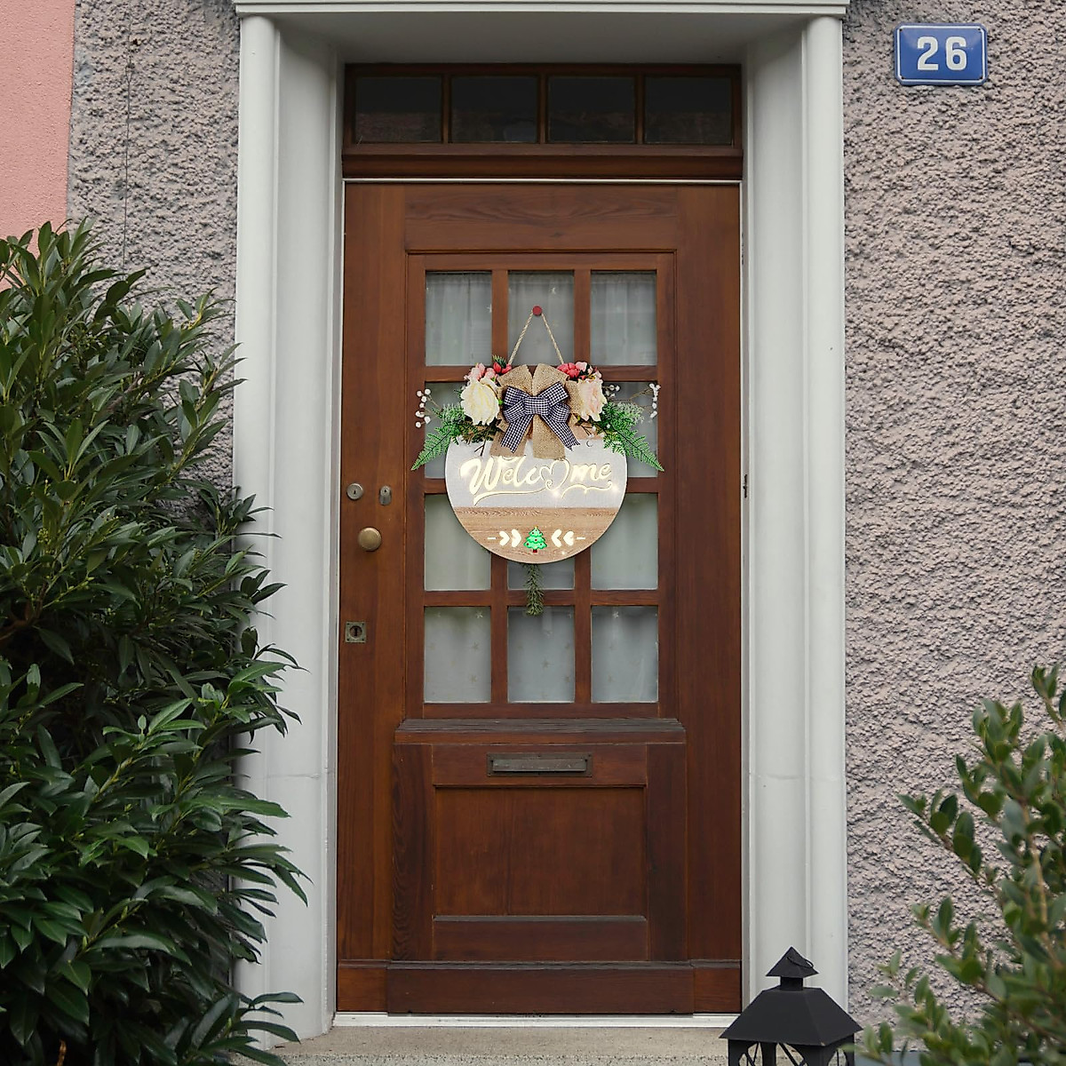 Interchangeable Welcome Sign with Automatic Induction Light, Welcome Sign for Front Door, Welcome Door Sign with 8 Interchangeable Seasonal Icons, Welcome Sign Wall Hanging Farmhouse(Wood Grain)