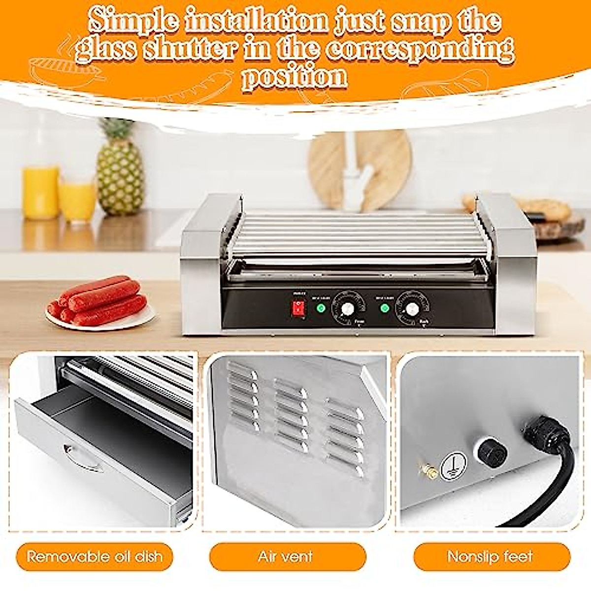 Yexiya 110V Electric Hot Dog Roller Machine Stainless Steel Grill Cooker Machine 7 Rollers Hot Dog Warmer with Oil Brush, Clip, Dishcloth and 100 Pcs Bamboo Sticks for Kitchen Canteen House Restaurant